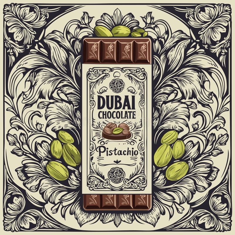 Dubai Chocolate with Pistachios. Vector Vintage Poster with Floral ...