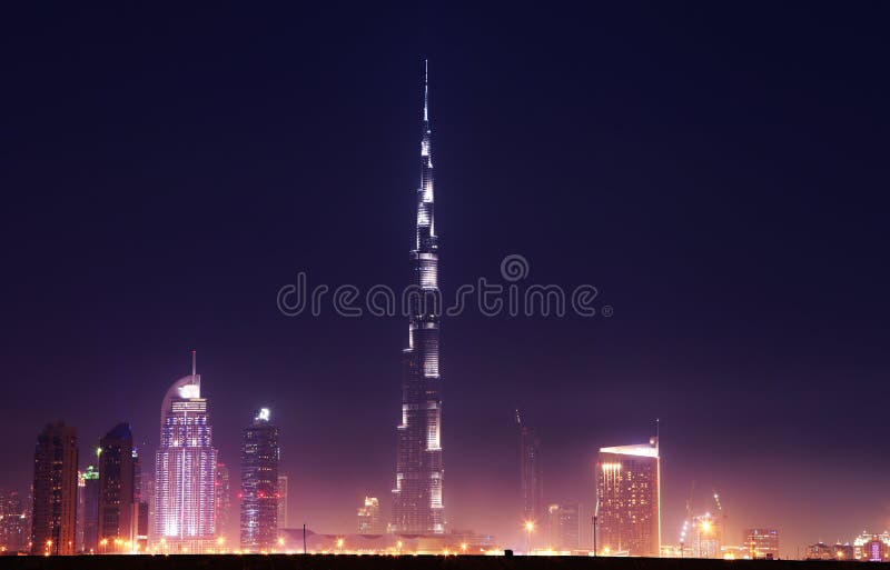 Dubai Downtown with Burj Khalifa at Night Editorial Image - Image of ...