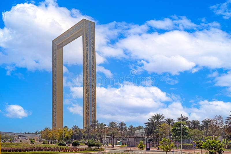 Dubai Frame Monument with Palm Trees and Blue Sky Editorial Stock Photo ...