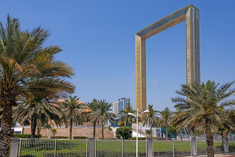 Dubai Frame Monument with Palm Trees and Blue Sky Editorial Stock Image ...