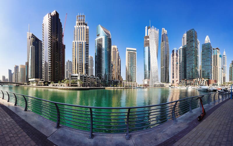 Dubai Marina at Day with Boat and Blue Sky, UAE Stock Image - Image of ...