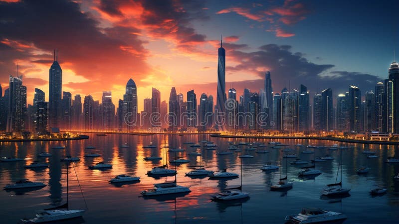 Dubai Marina Full View at Sunset Moment Stock Photo - Image of water ...