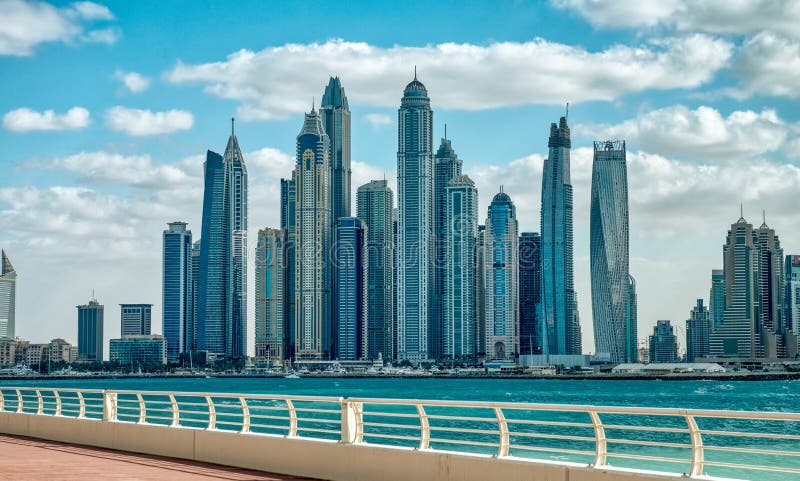 Dubai Marina Skyline of a Cloudy Day Stock Photo - Image of reflection ...