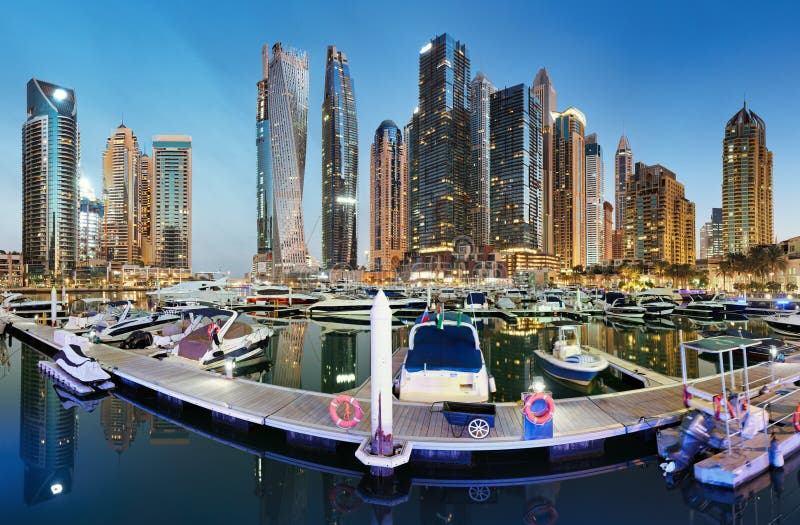 Dubai at Night, Marina Canal Skyline Panorama, UAE Stock Photo - Image ...