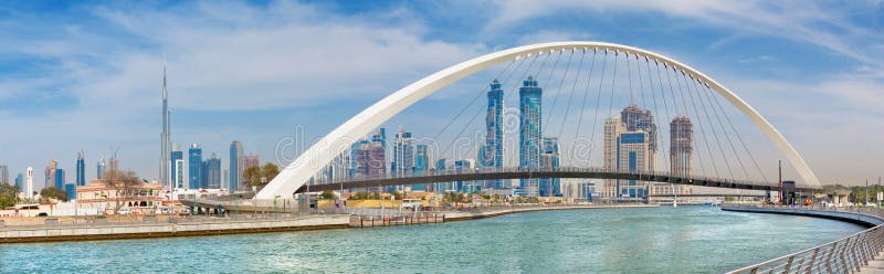 Dubai - the Skyline with the Arched Bridge Over the New Canal and ...