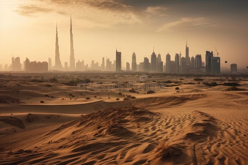 Dubai Skyline in Desert at Sunset Illustration Generative Ai Stock ...