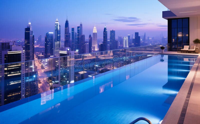 Dubai Skyline Infinity Pool Stock Illustration - Illustration of dusk ...
