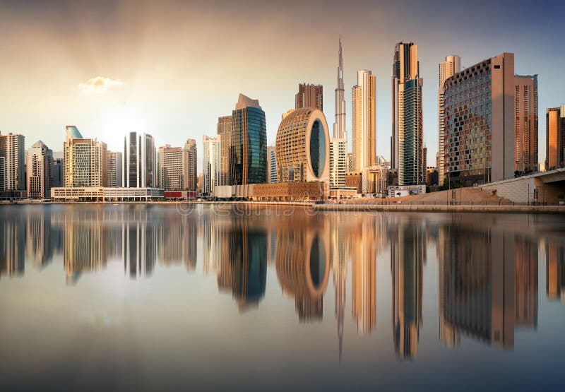 Dubai Skyline at Sunset with Burj Khalifa - Aerial View, United Arab ...