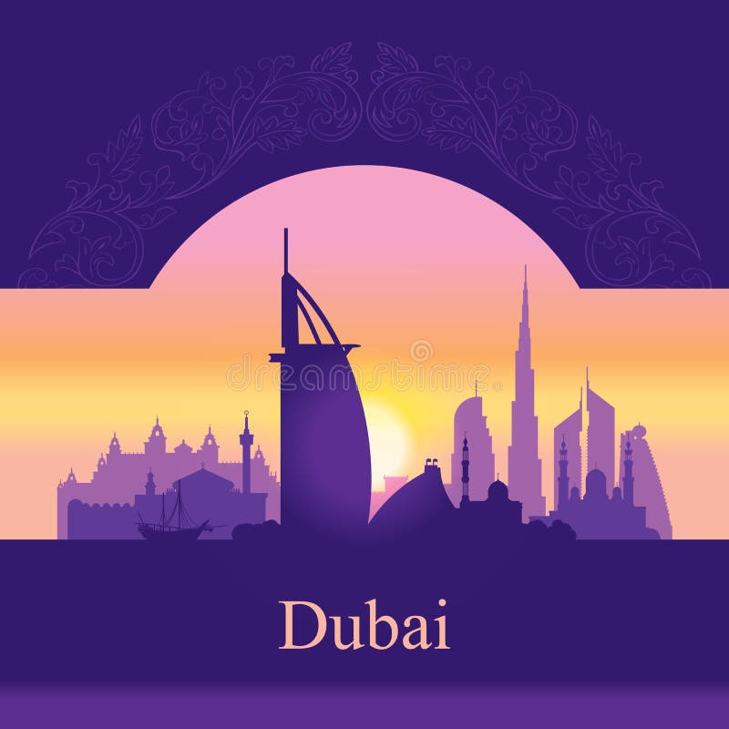 Dubai Skyline Silhouette on Sunset Background Stock Vector ...