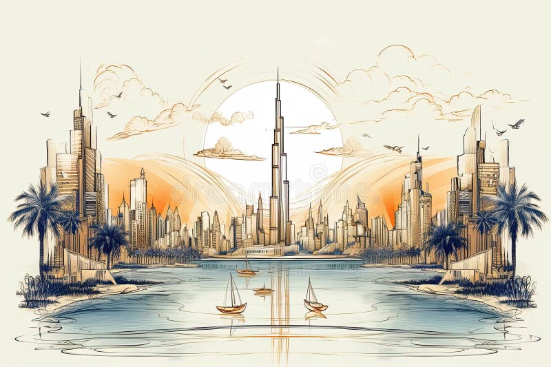 Dubai Skyline Sketch Drawing. Poster Design. Generative Ai Stock ...