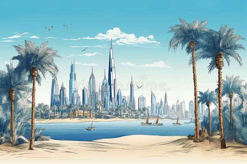 Dubai Skyline Sketch Drawing. Poster Design. Generative Ai Stock ...