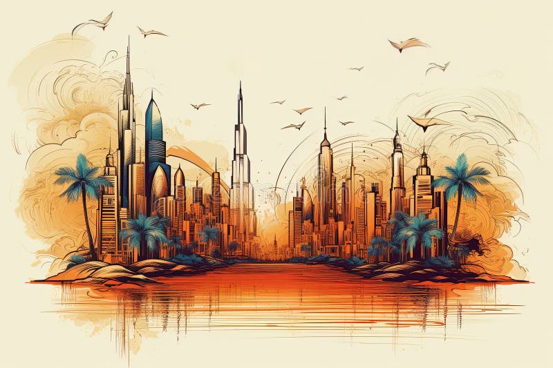 Dubai Skyline Sketch Drawing. Poster Design. Generative Ai Stock ...