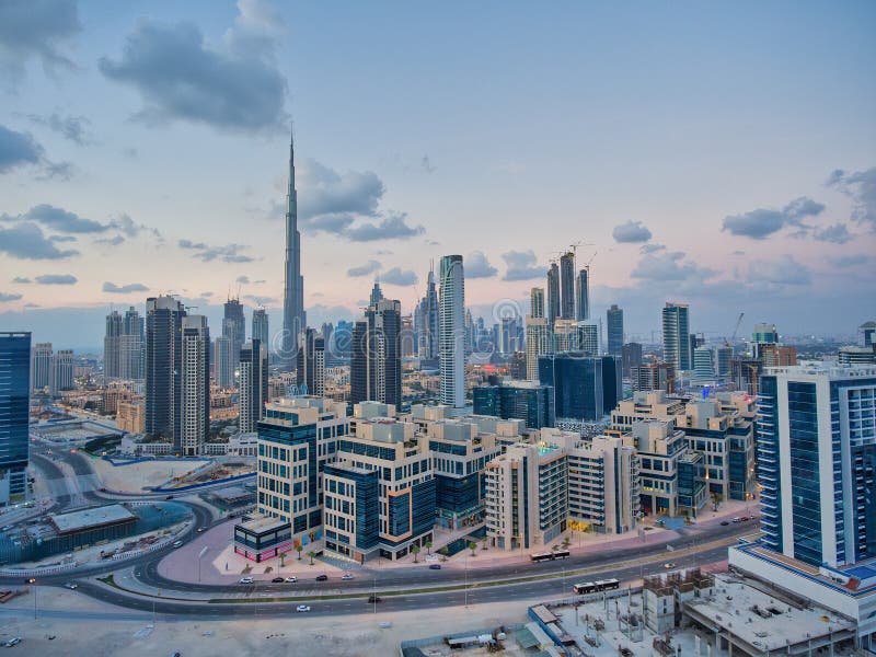Dubai at Sunset, UAE. Amazing Aerial View from Drone Stock Photo ...