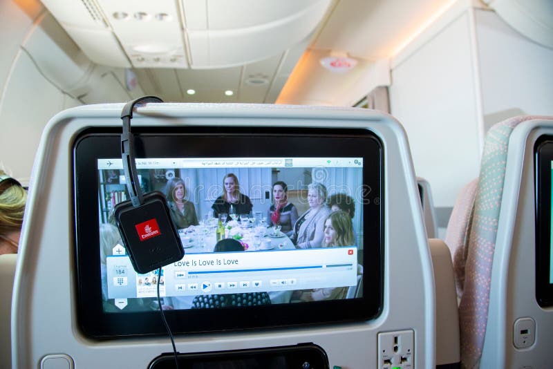 Dubai, UAE 06 15 2022 Inside Emirate Airplane with Cabin Screens ...