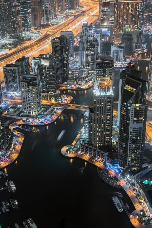 Illuminated Dubai Marina Area with Skyscrapers Editorial Photography ...