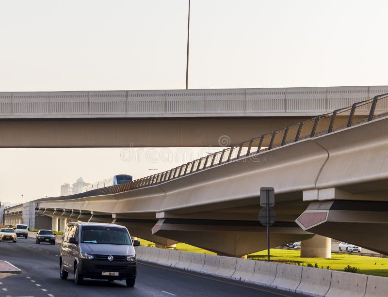 Dubai, UAE - 08.14.2021 - Metro Train Approaching Flyover Bridge ...