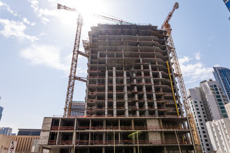 Dubai, UAE - October, 2018. Building Construction of New Skyscrapers ...