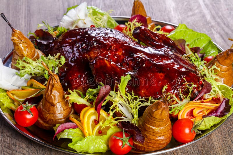 Duck baked with pear stock photo. Image of plate, closeup - 130254518