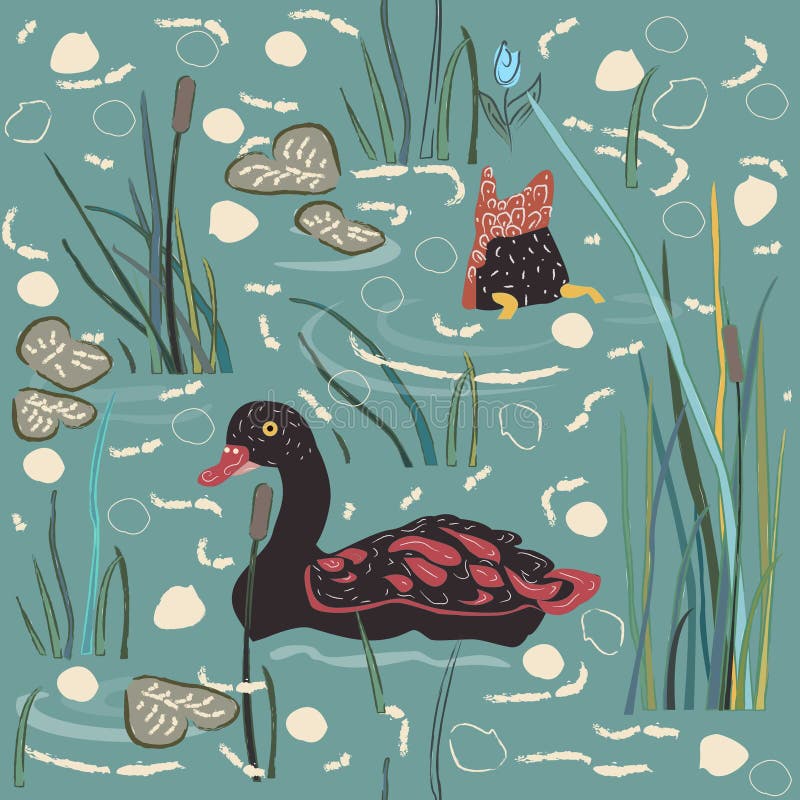 Duck Bird Seamless Pattern. Ducks on the Lake Stock Illustration ...