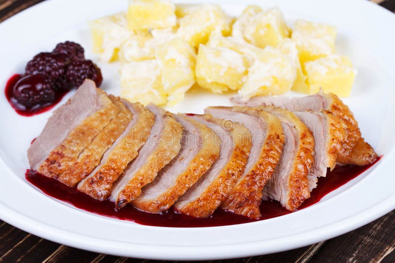 Duck Breast Fillet with Blackberries and Wine Sauce. Stock Photo ...
