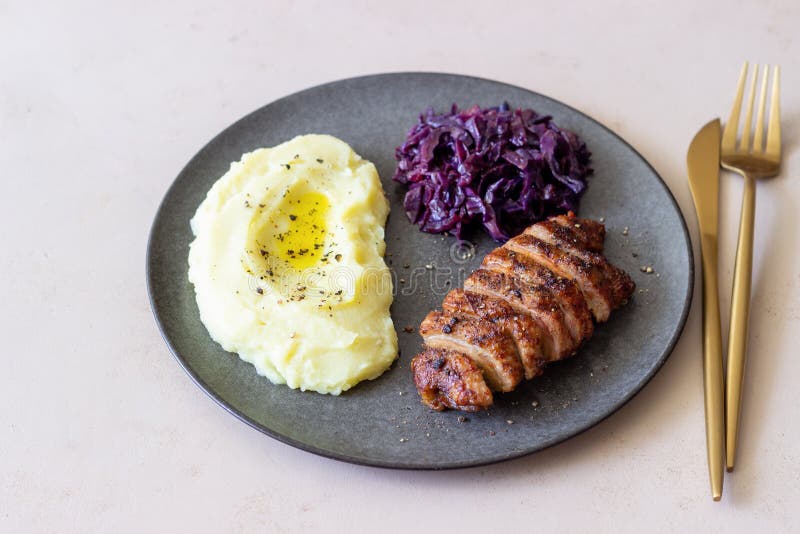 Duck Breast with Mashed Potatoes and Red Cabbage Stock Image - Image of ...