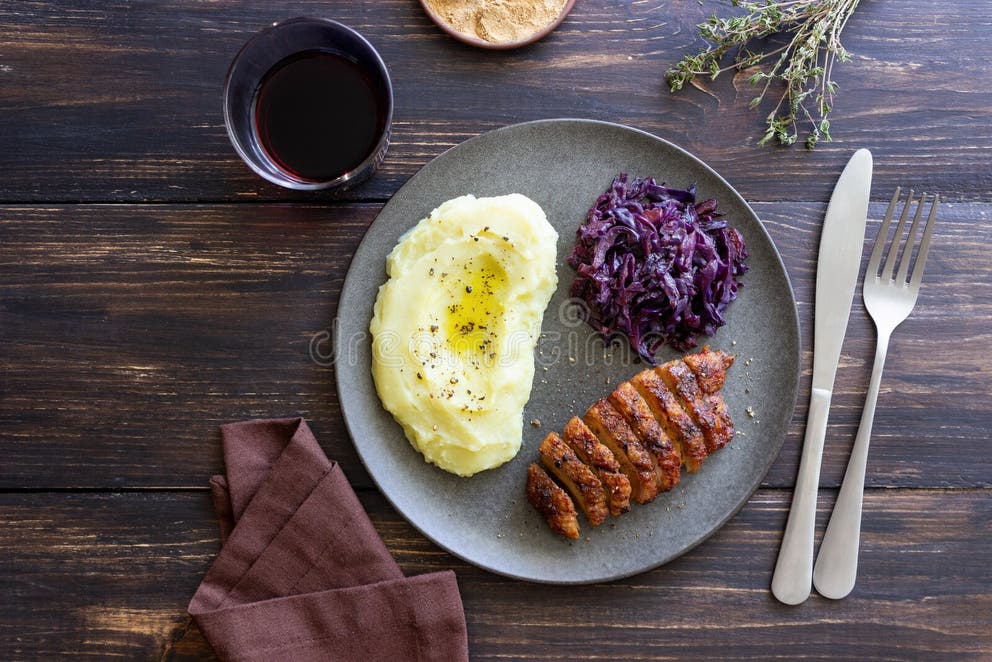 Duck Breast with Mashed Potatoes and Red Cabbage Stock Image - Image of ...