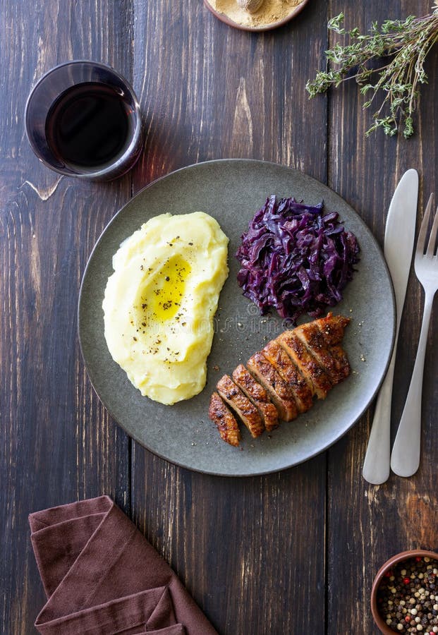 Duck Breast with Mashed Potatoes and Red Cabbage Stock Image - Image of ...
