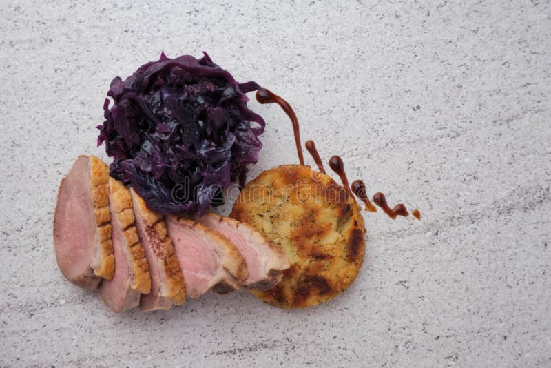 Duck Breast with Red Cabbage and Apple Stock Photo - Image of lunch ...