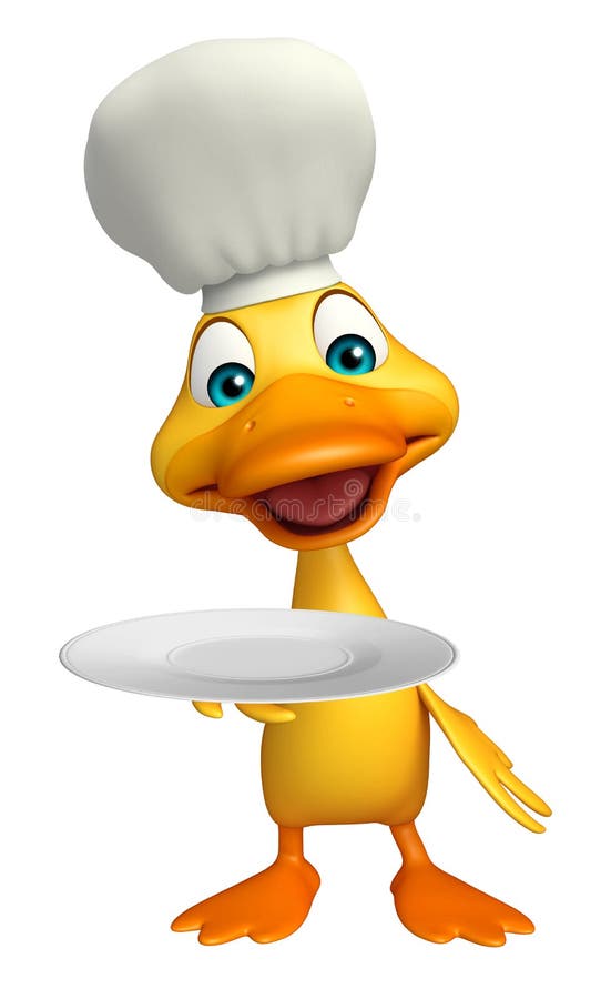 Duck Cartoon Character with Chef Hat and Dinner Plate Stock ...