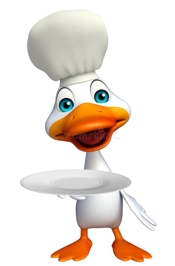 Duck Cartoon Character with Chef Hat and Dinner Plate Stock ...