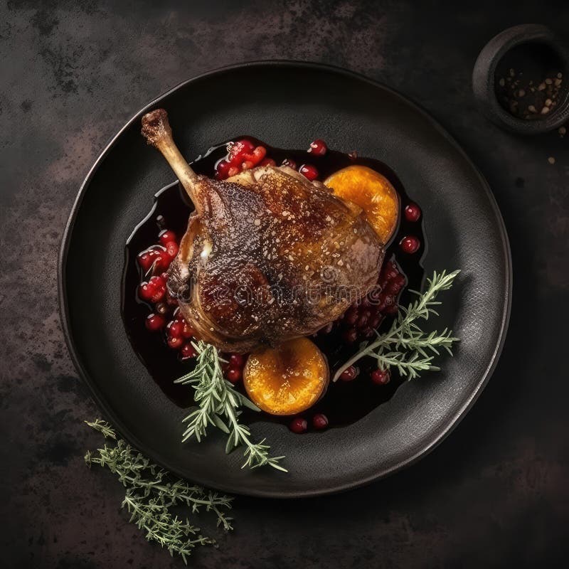 Duck Confit on a Black Round Plate, French Dish. Generative AI Stock ...