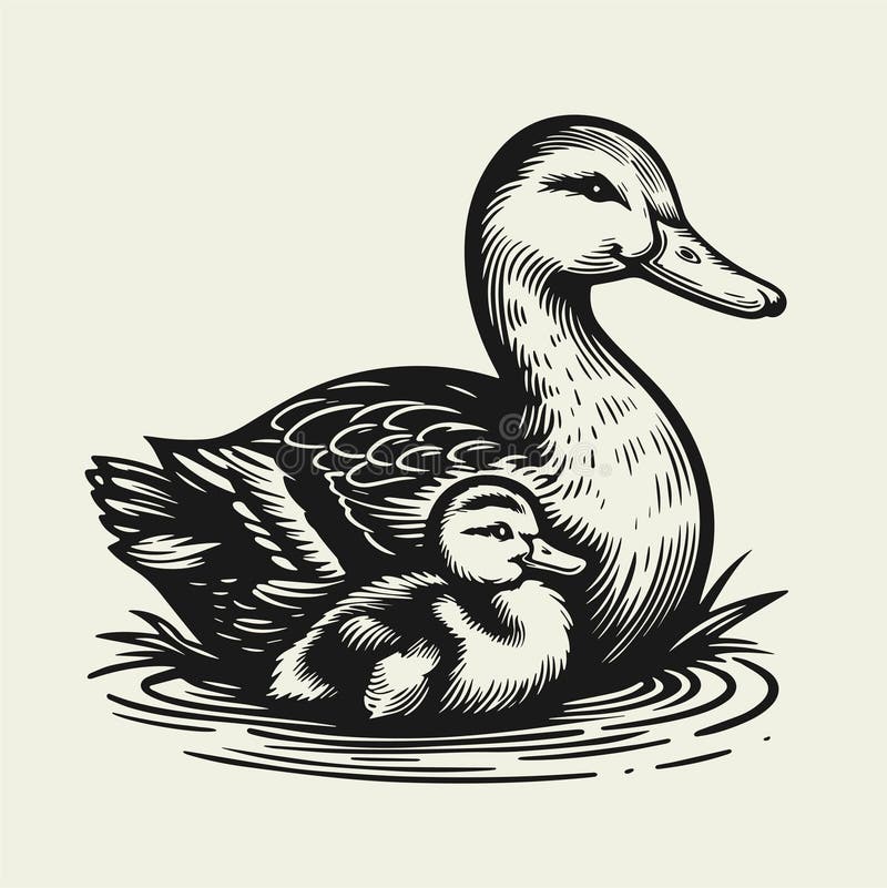 Duck with Duckling, Farm Animals, Monochrome Flat Vector Illustration ...