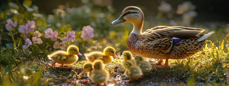 Duck with Ducklings in Nature. Selective Focus Stock Photo - Image of ...