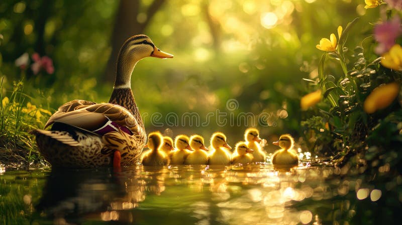 Duck with Ducklings in Nature. Selective Focus Stock Image - Image of ...