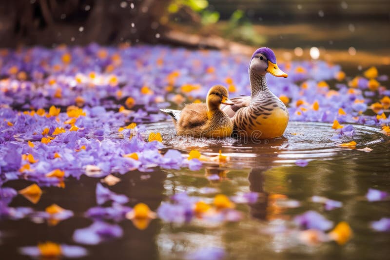 Duck and Ducklings in the Pond with Jacaranda Flower Petals. Generative ...