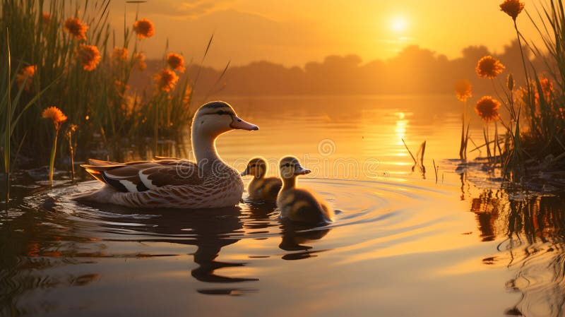 Duck and Ducklings Wading in a Sunset Pond - AI Generated Stock ...