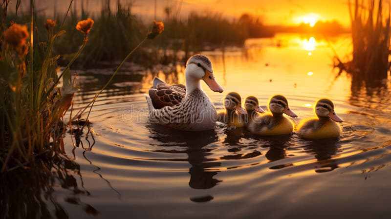 Duck and Ducklings Wading at Sunset - AI Generated Stock Illustration ...