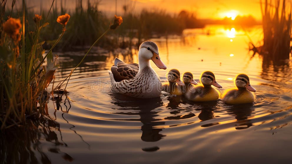 Duck and Ducklings Wading at Sunset - AI Generated Stock Illustration - Illustration of golden ...