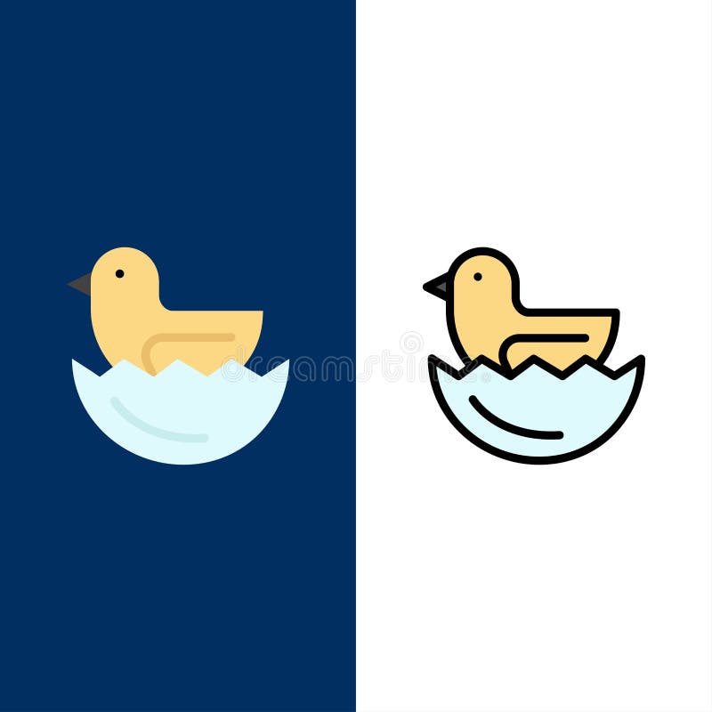 Duck, Egg, Easter Icons. Flat and Line Filled Icon Set Vector Blue ...