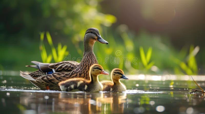 Duck Family Enjoy Summer Pond Stock Illustration - Illustration of ...