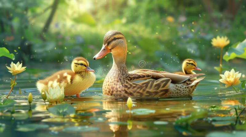 Duck Family Enjoy Summer Pond Stock Illustration - Illustration of ...