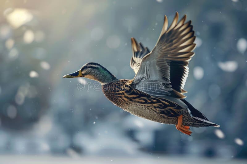 A Duck Flying through the Snowy Air. Suitable for Winter-themed ...