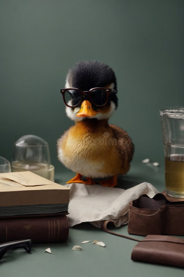 Duck with Glasses Sitting on Table. Generative AI. Stock Photo - Image ...