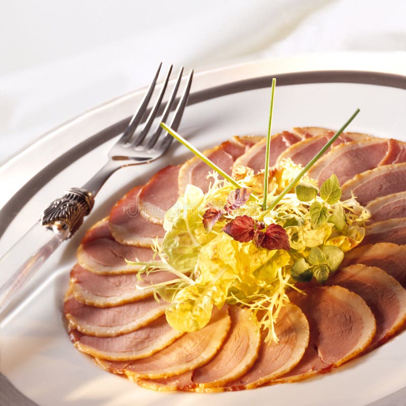 Duck Ham on White Plate with a Fork Stock Image - Image of protein ...