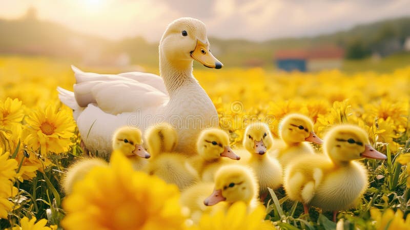 A Duck and Her Babies are in a Field of Yellow Flowers, AI Stock Photo ...