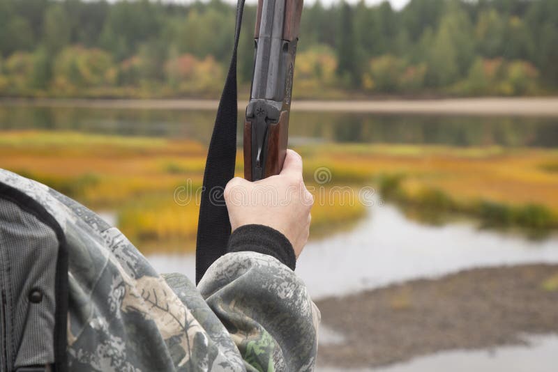 Duck Hunting in Autumn. a Man with a Gun is Hunting Ducks Stock Image ...