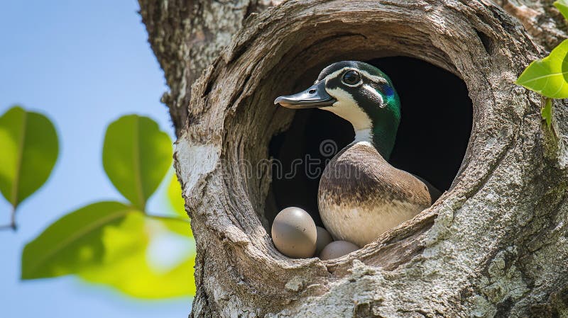 Duck Incubating Eggs in Tree Hollow, Jungle Stock Photo - Image of ...