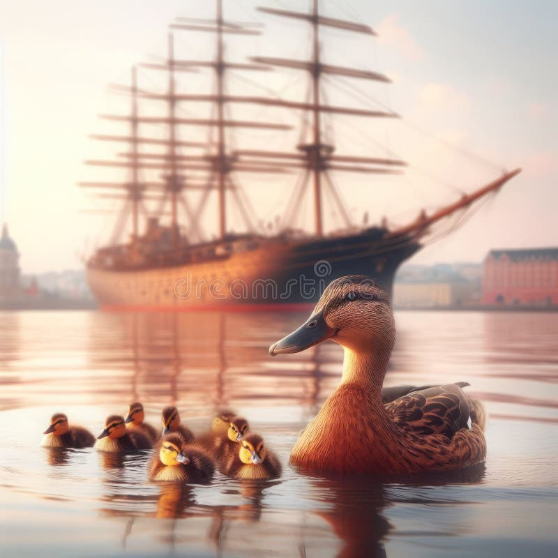 A Duck and Its Ducklings on the Background of a Ship. Stock Photo ...