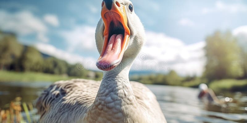 A Duck with Its Mouth Open Standing in Front of a Body of Water. this ...