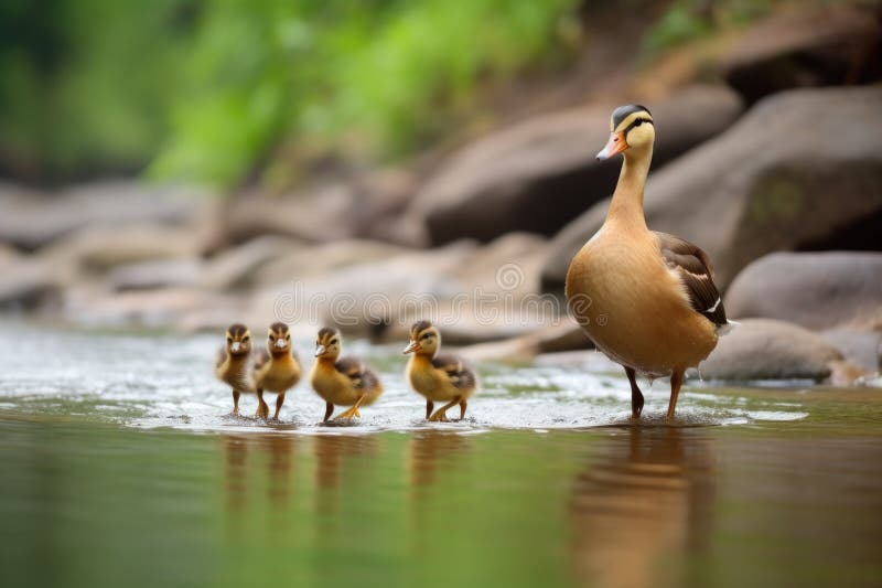 Duck Leading Ducklings Across Stream Stock Illustration - Illustration ...